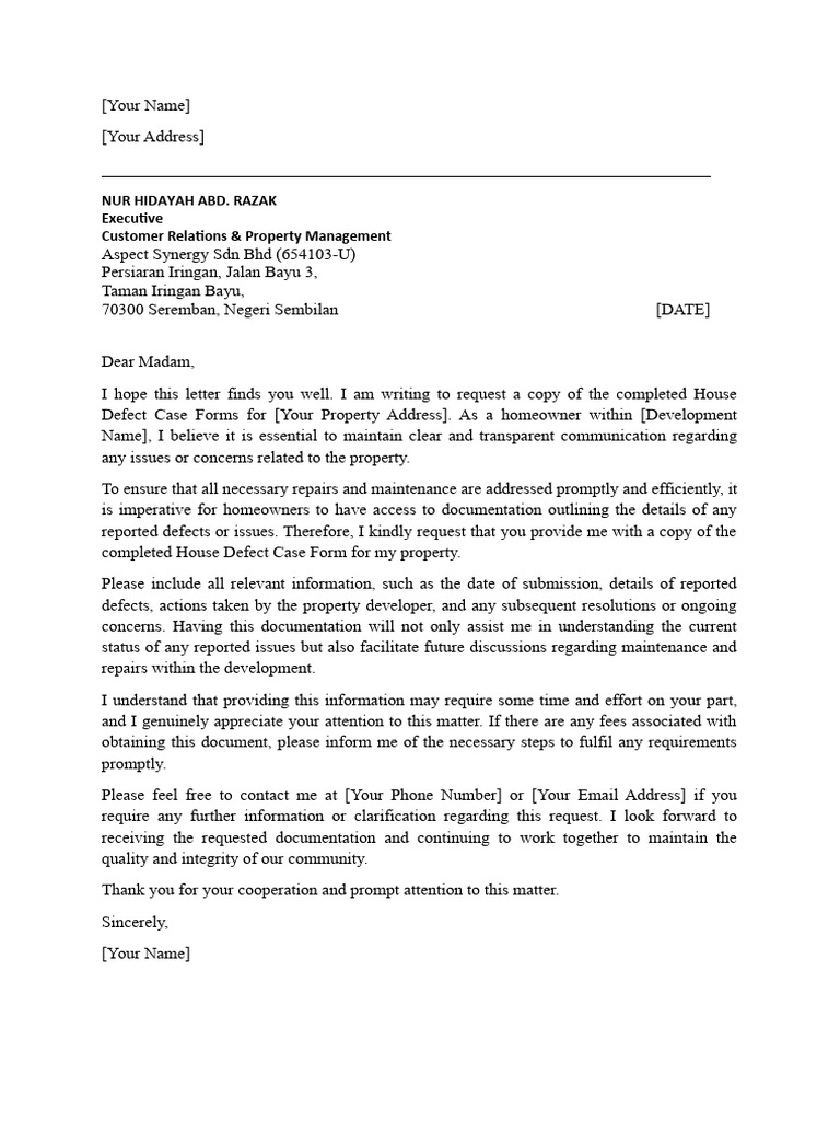 Defect Form Request Letter | PDF