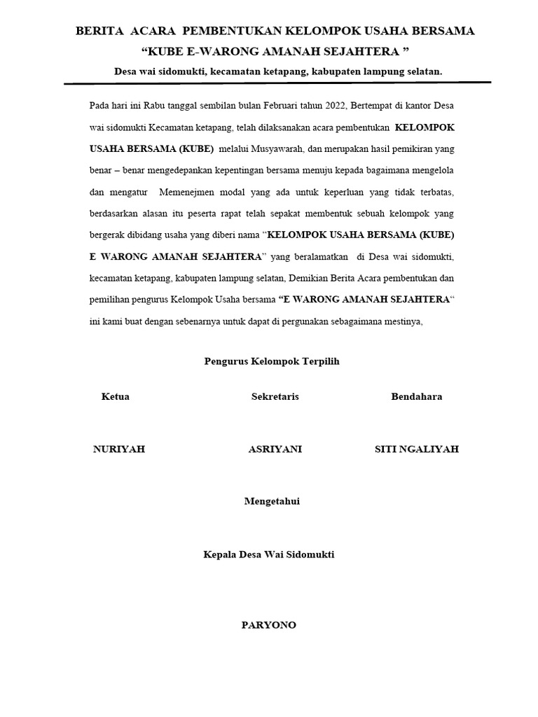 Berita Acara Pembentukan KUBE 2022 | PDF