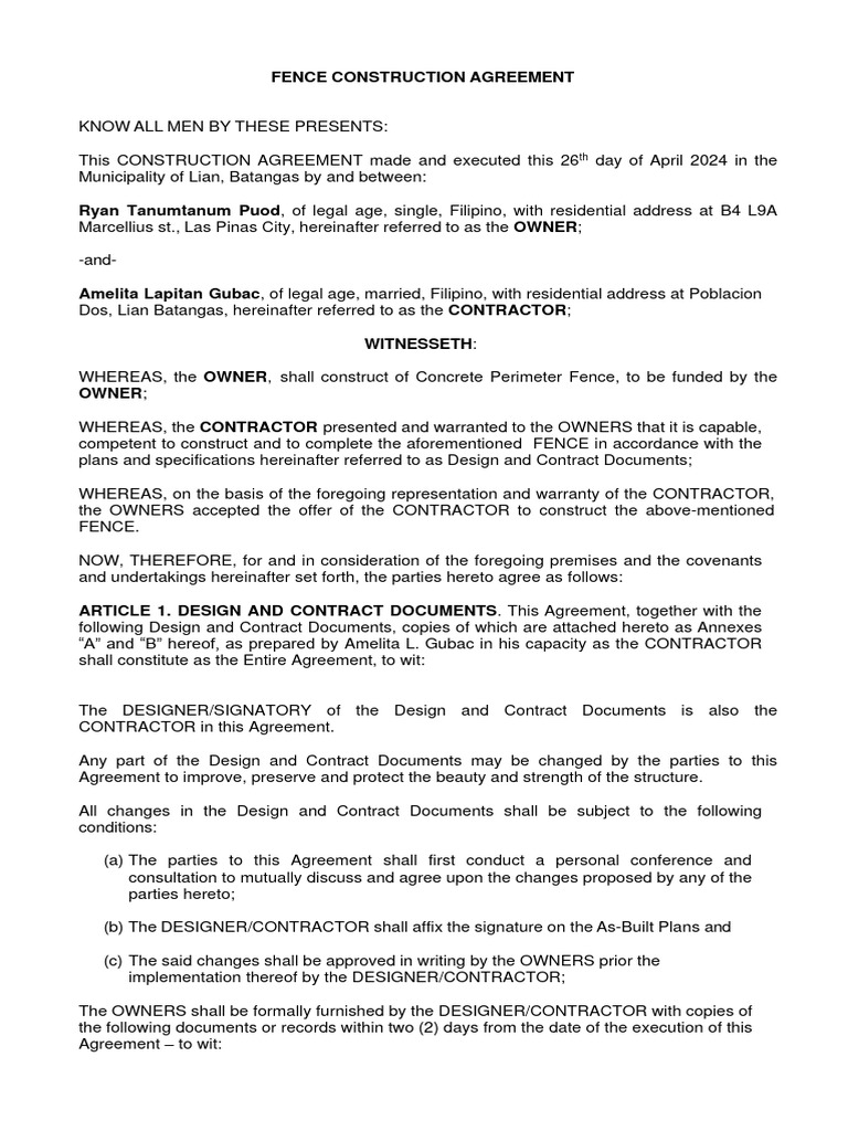 Fence Construction Agreement Template | PDF | Employment | Lawsuit