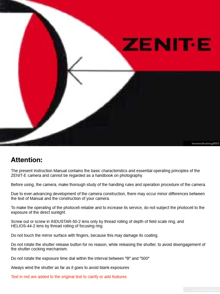 ZENIT-E User Manual | PDF | Camera | Film Speed