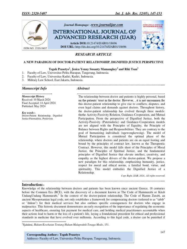 A New Paradigm of Doctor-Patient Relationship, Dignified Justice Perspective | Download Free PDF ...