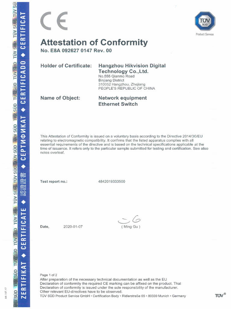 EMC CERT 4842019333500 Ethernet Switch DS-3T0306HP-EHS 2020-01-07 TRF | PDF