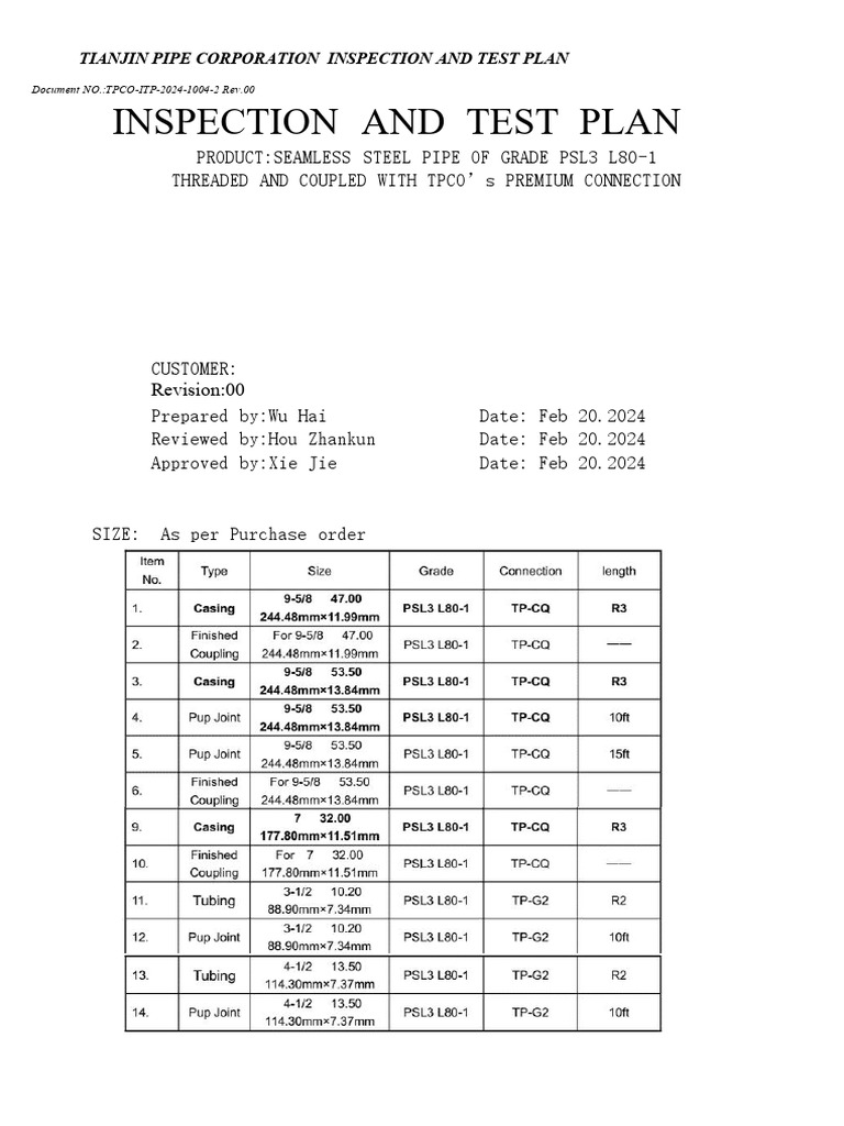 3 - TPCO-ITP-2024-1004-2 - Rev.00 - L80-1 - PSL3 - TPCQ - 202 | PDF | Pipe (Fluid Conveyance ...