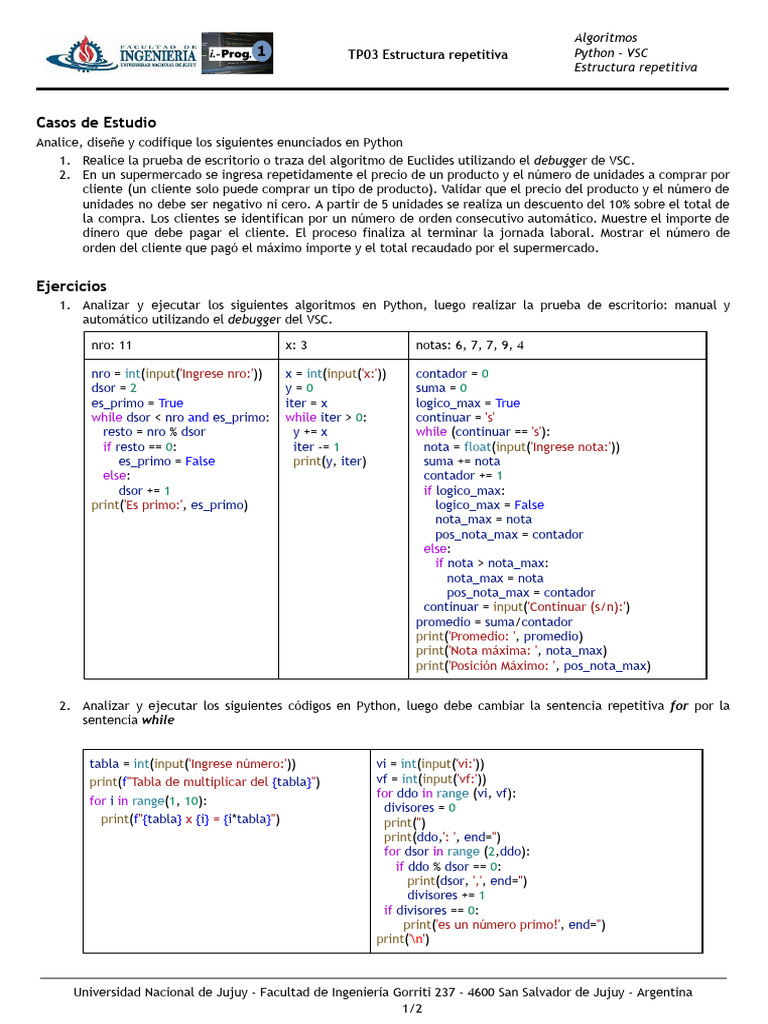 Iprog 2023 TP03 Estructura Repetitiva | PDF | Python (lenguaje de programación) | Algoritmos