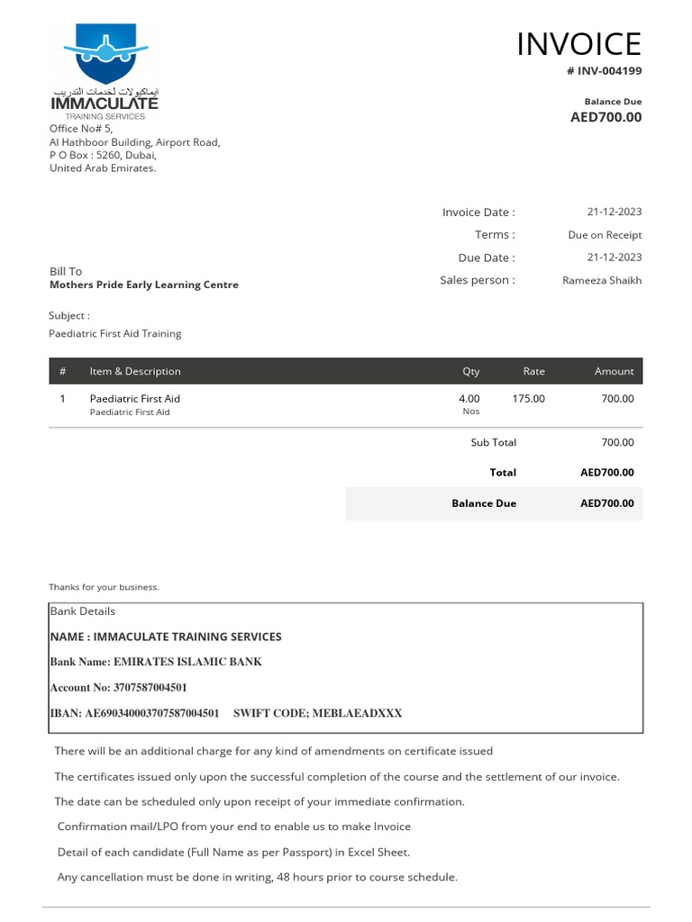 Invoice - Paediatric First Aid - 231221 - 105759 | PDF | Cheque | Receipt