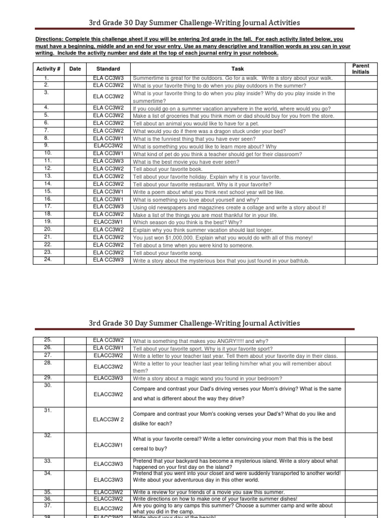 3rd Grade Summer Writing Challenge | PDF