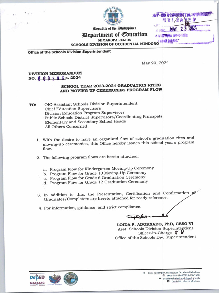 DM No. 206 S. 2024 School Year 2023 2024 Graduation Rites and Moving Up ...