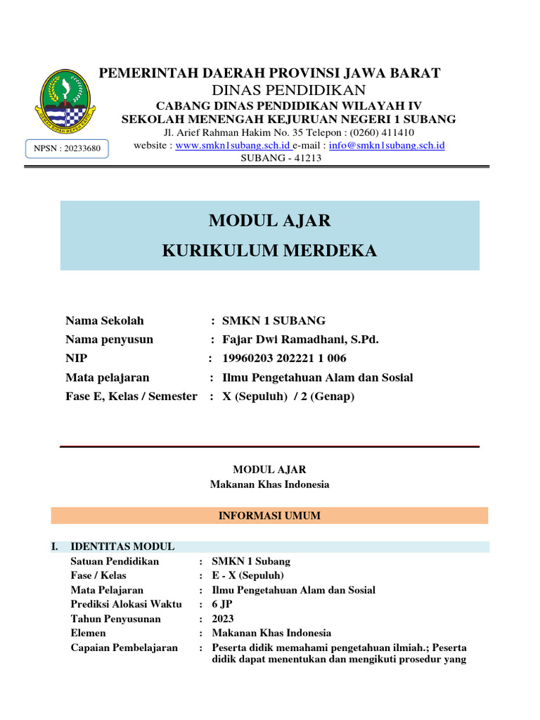 Modul Projek IPAS Makanan Khas Indonesia | PDF | Karier & Perkembangan