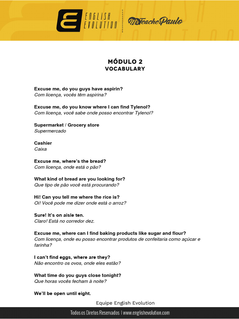 Atividades - M Dulo II Vocabulary | PDF | Alimentos