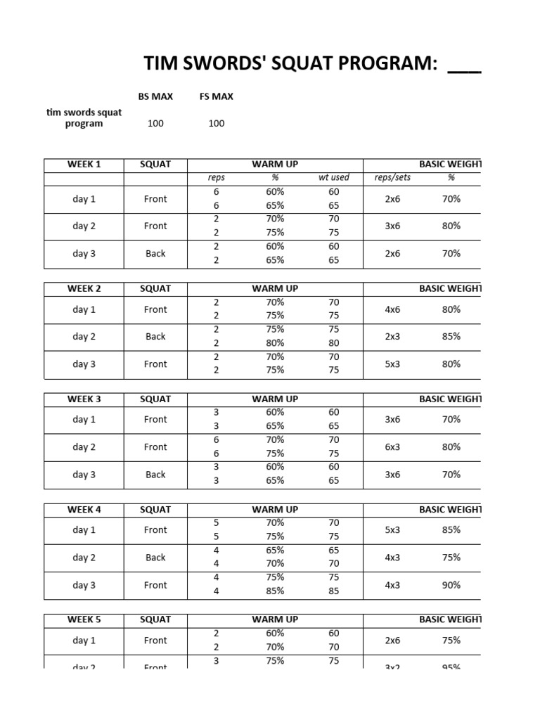 Tim Swords 7 Week Squat Program (Front Squat Focus) v2.1 | PDF | Weight ...