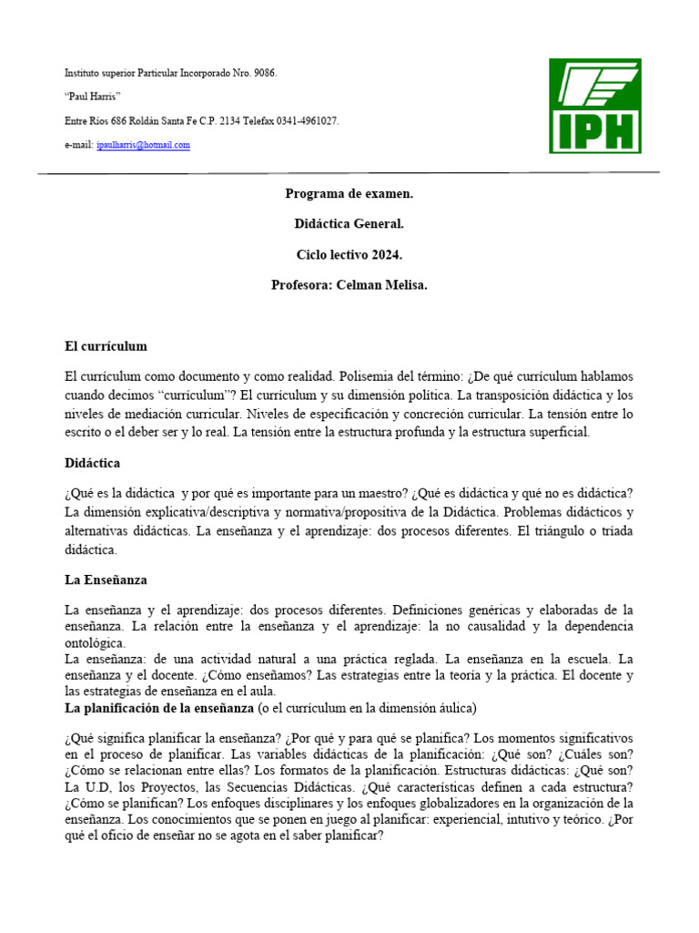 Programa de Examen Didactica General. | PDF | Plan de estudios | Enseñando