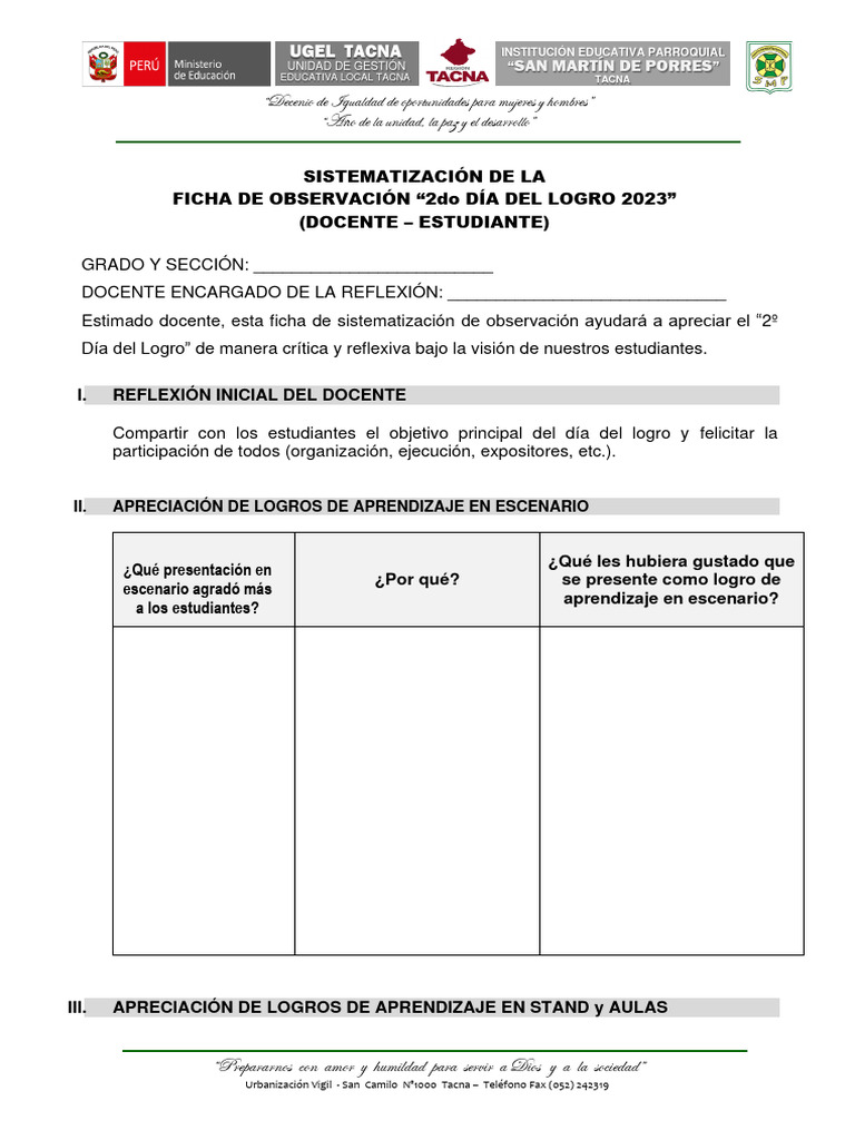 Sistematizacion Ficha de Observación para El Estudiante - 2do Día Del Logro 2023 | PDF ...