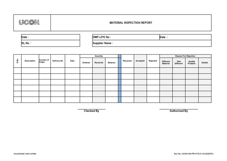 UCON-IMS-FR-47 Material Inspection Report | PDF