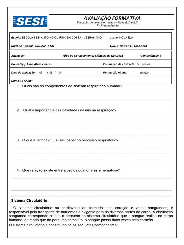 Ativiadade Aula 3 c3 Matozinhos | PDF | Sistema circulatório | Artéria