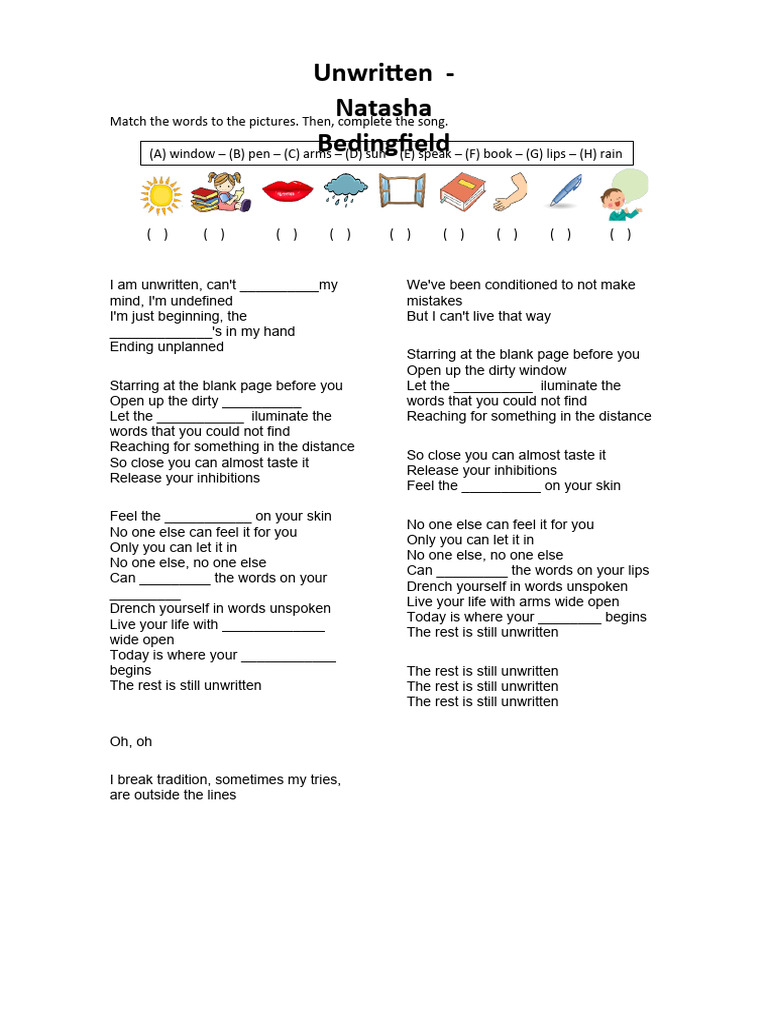 UNWRITTEN SONG Activity For Teens and Kids | PDF | Dance Pop Songs ... UNWRITTEN SONG Activity For Teens and Kids | PDF | Dance Pop Songs ...