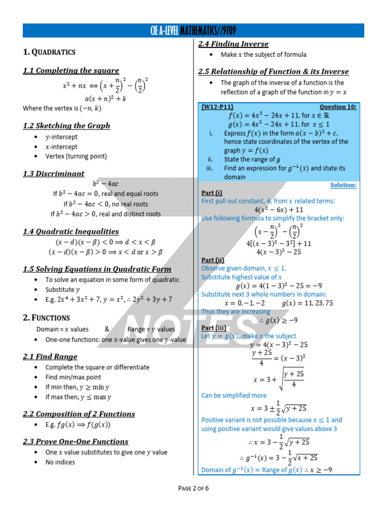 Cie As Maths 9709 Pure1 v1 Znotes | PDF | Quadratic Equation | Triangle