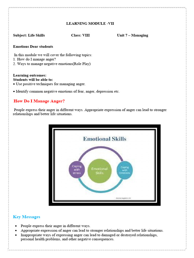 Class VIII - Module 7 Life Skills Unit 7 Managing Emotioms | PDF ...