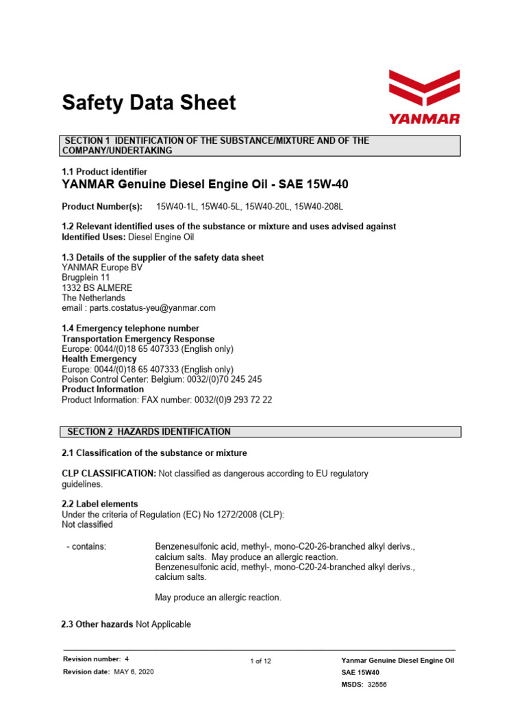 SDS Yanmar Genuine Diesel Engine Oil 15W40 ENG | PDF | Chemistry ...