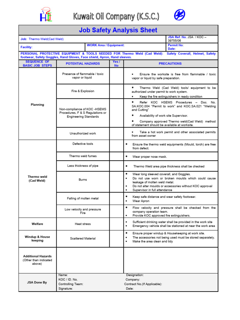 Thermo Weld Job Safety Analysis | PDF | Welding | Construction