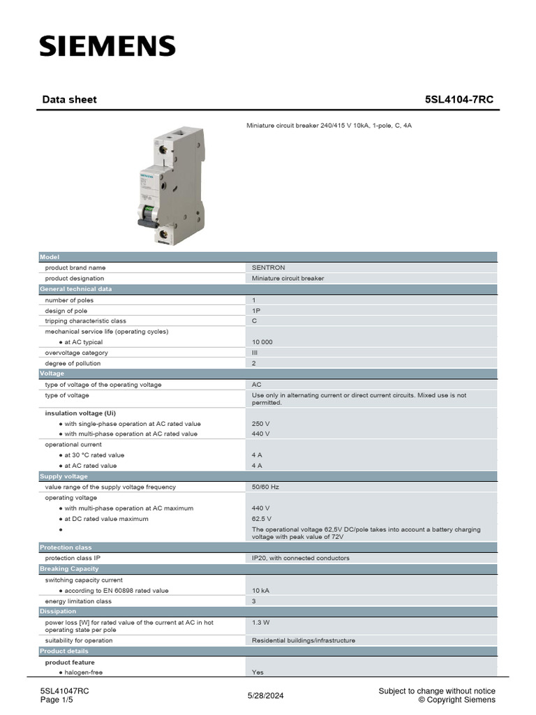 5SL41047RC Datasheet en | PDF | Alternating Current | Electric Power