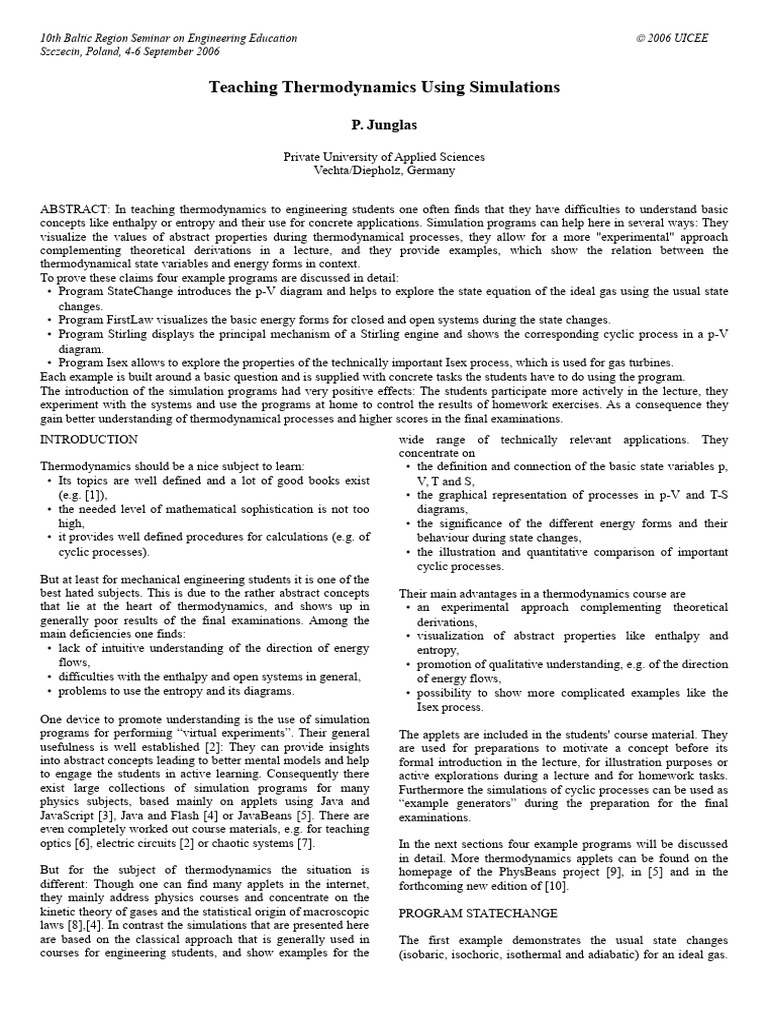 2006, Junglas. Teaching Thermodynamics Using Simulations | PDF | Enthalpy | Gases