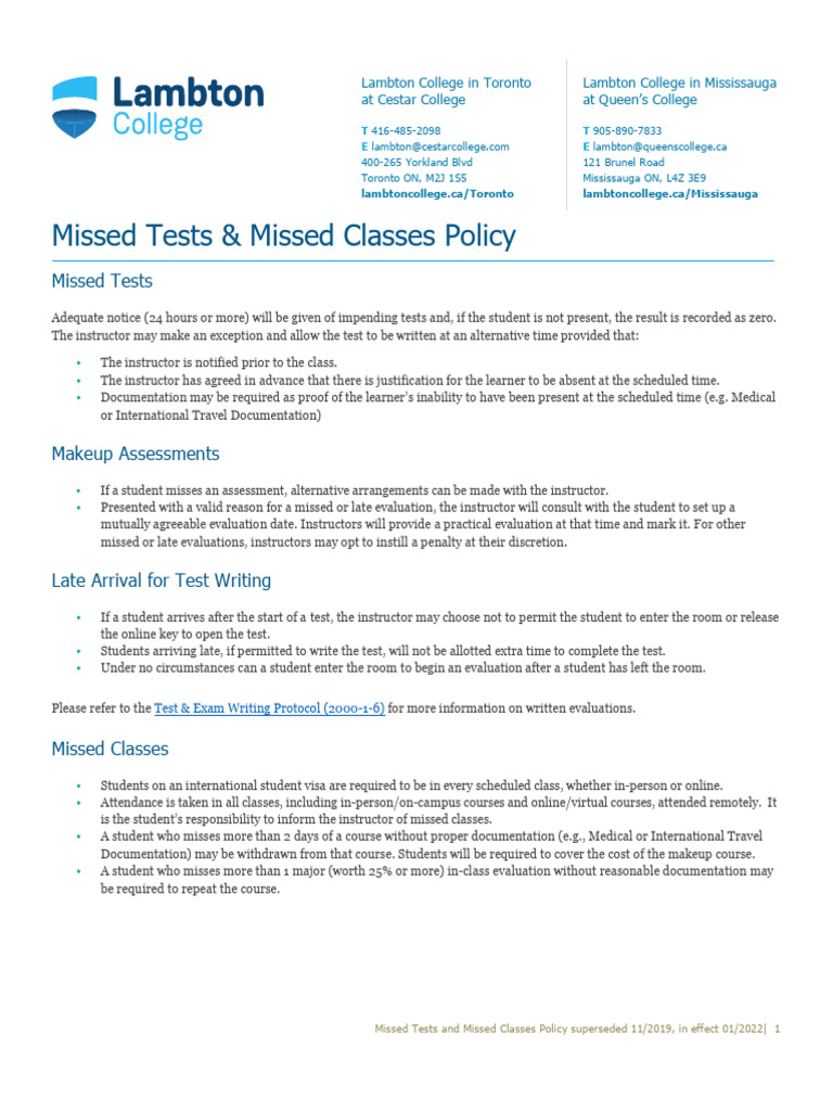 Missed Tests and Classes Policy | PDF