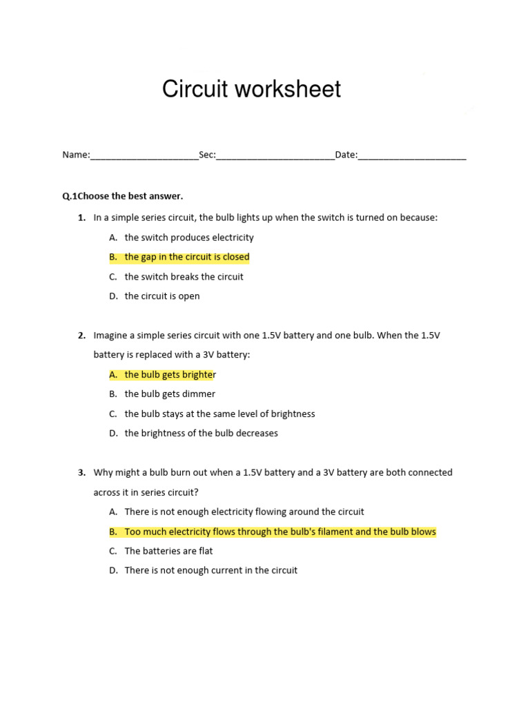 Class 6 Science: Changing Circuits Worksheet | PDF | Series And ...
