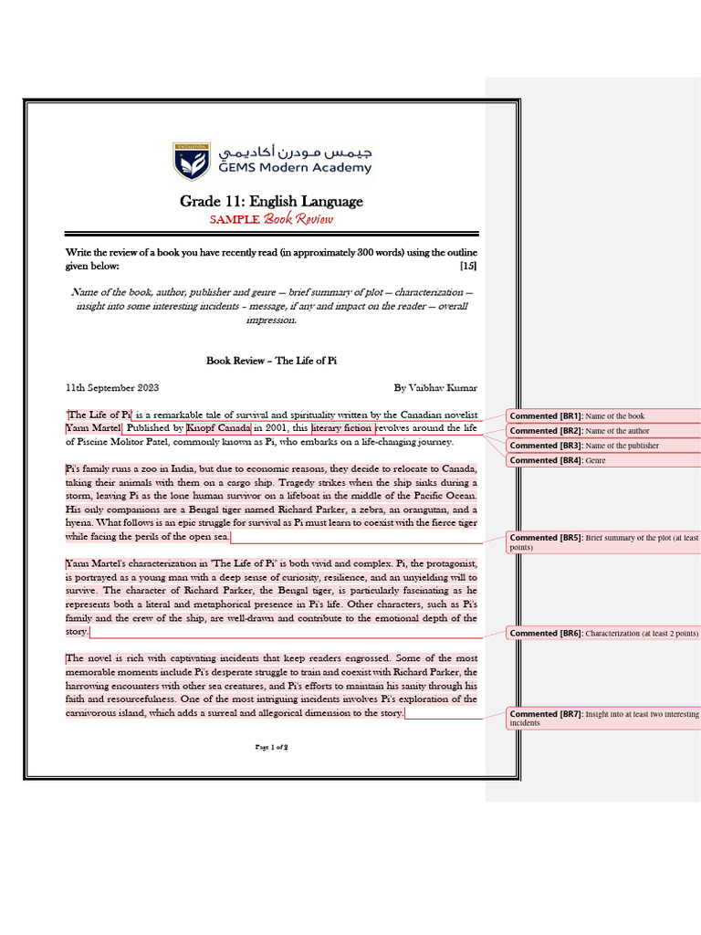 GR 11 - Sample Book Review | PDF