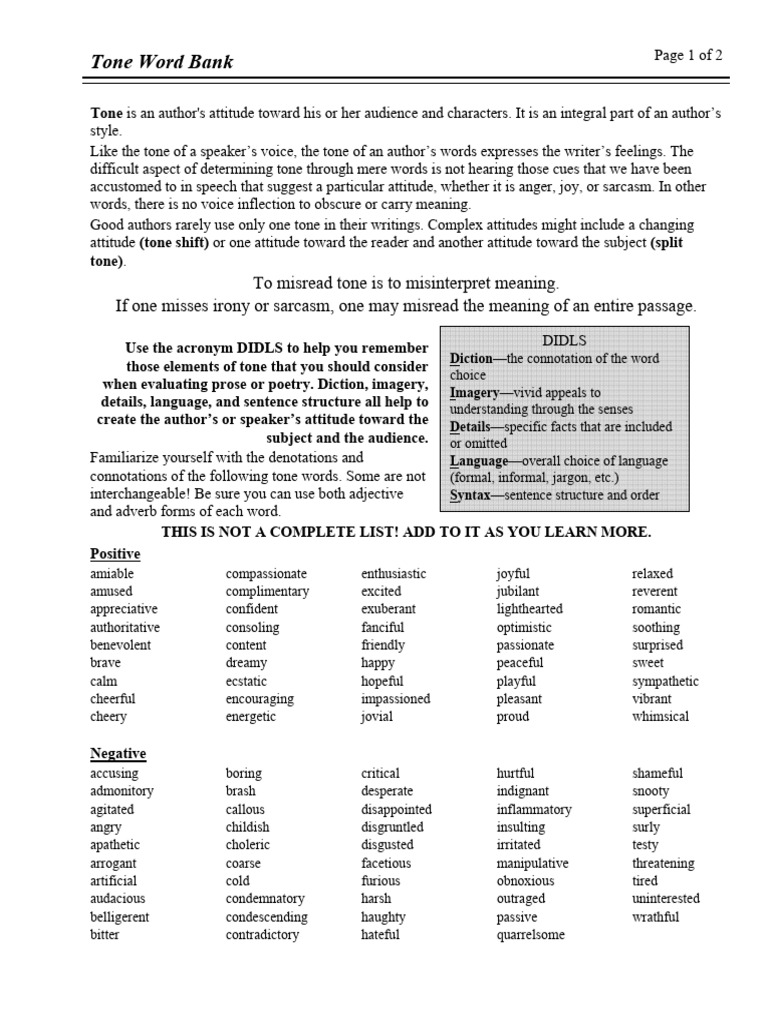 Tone Word Bank for Writers | PDF | Word | Tone (Linguistics)
