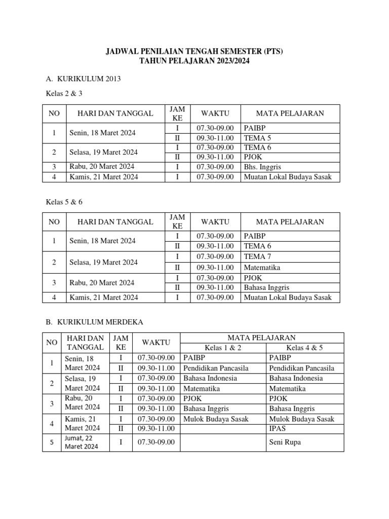 Jadwal Pts TP 2023-2024 | PDF