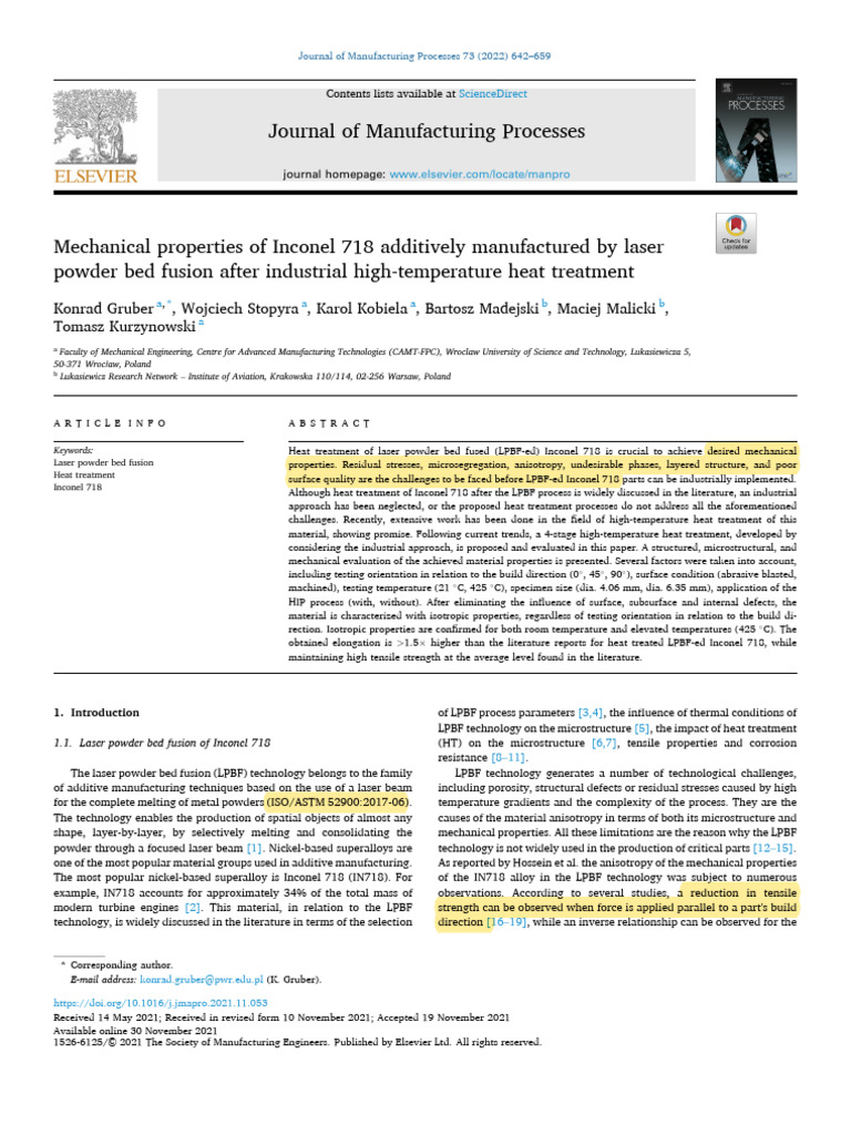 Mechanical Properties of Inconel 718 Additively Manufactured by Laser ...