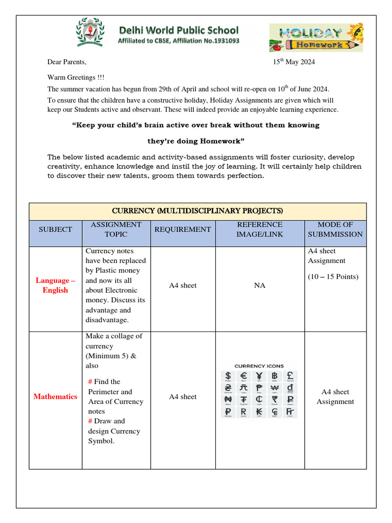 Grade VI - Holiday Assignment 2024 | PDF