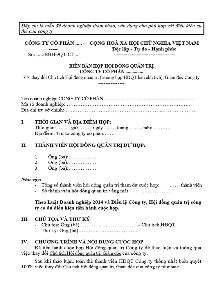 Bien Ban Hop Hoi Dong Quan Tri | PDF