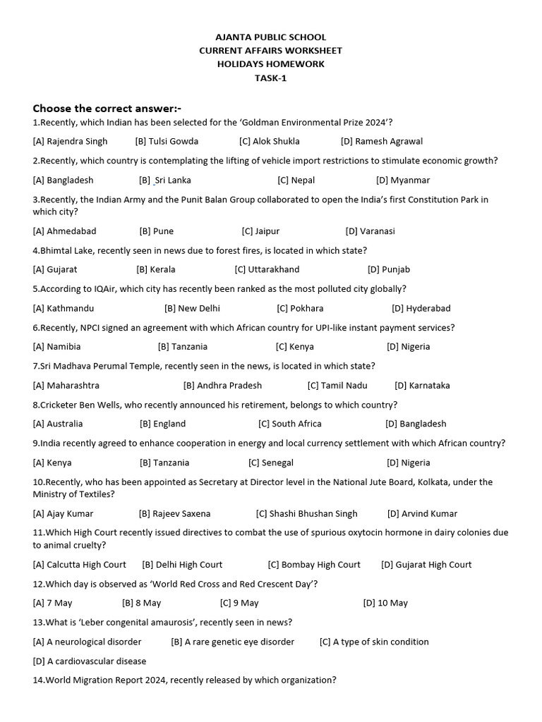 Current Affairs Worksheet for Students | PDF | Bharatiya Janata Party