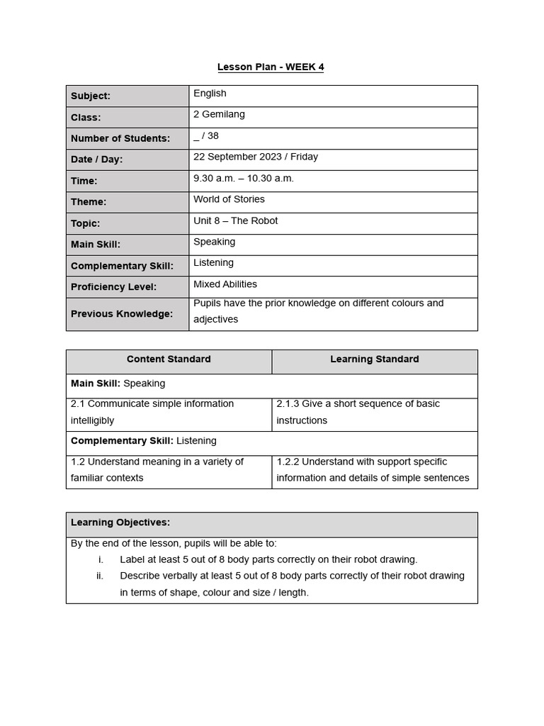 Lesson Plan 1 Year 2 Task 1 | PDF | Lesson Plan | Teachers