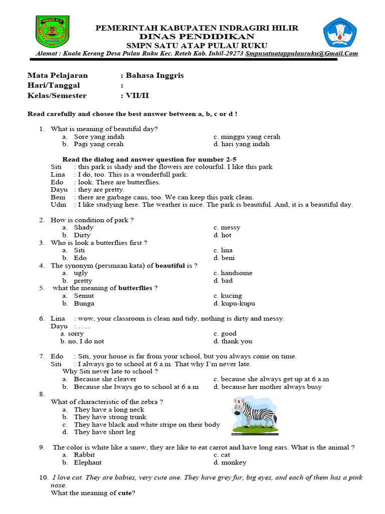 Soal Bahasa Inggris Kelas VII Semester 2 | PDF | Zoology
