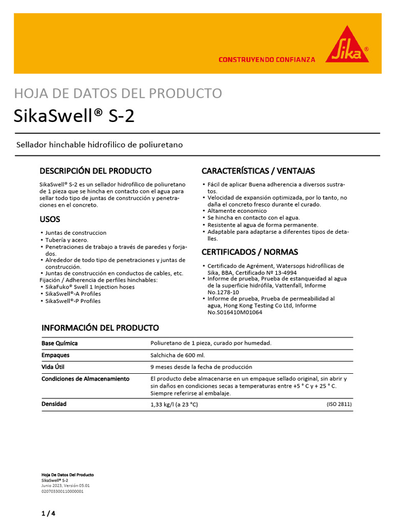 Ficha Técnica Sikaswell - 2 | PDF | Hormigón | Agua