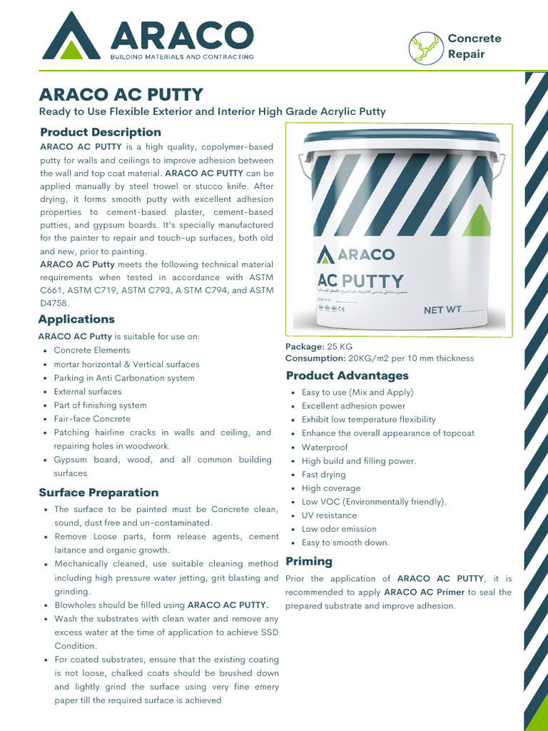 ARACO AC PUTTY - TDS | Download Free PDF | Concrete | Drywall