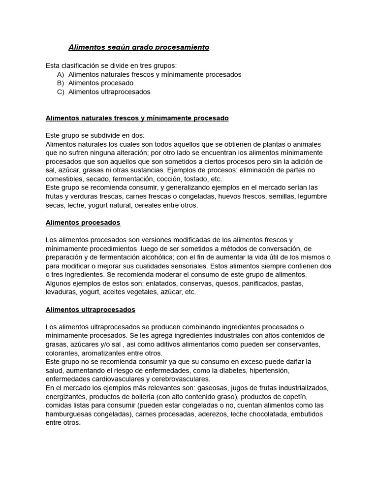 Clasificación de Alimentos por Procesamiento | PDF | Alimentos | Vegetales
