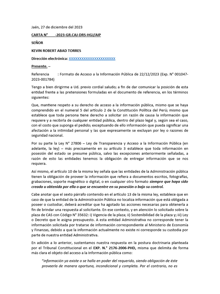 Carta Acceso A La Información Pública - Negativa Por Elaboración e Información Que No Poseemos ...
