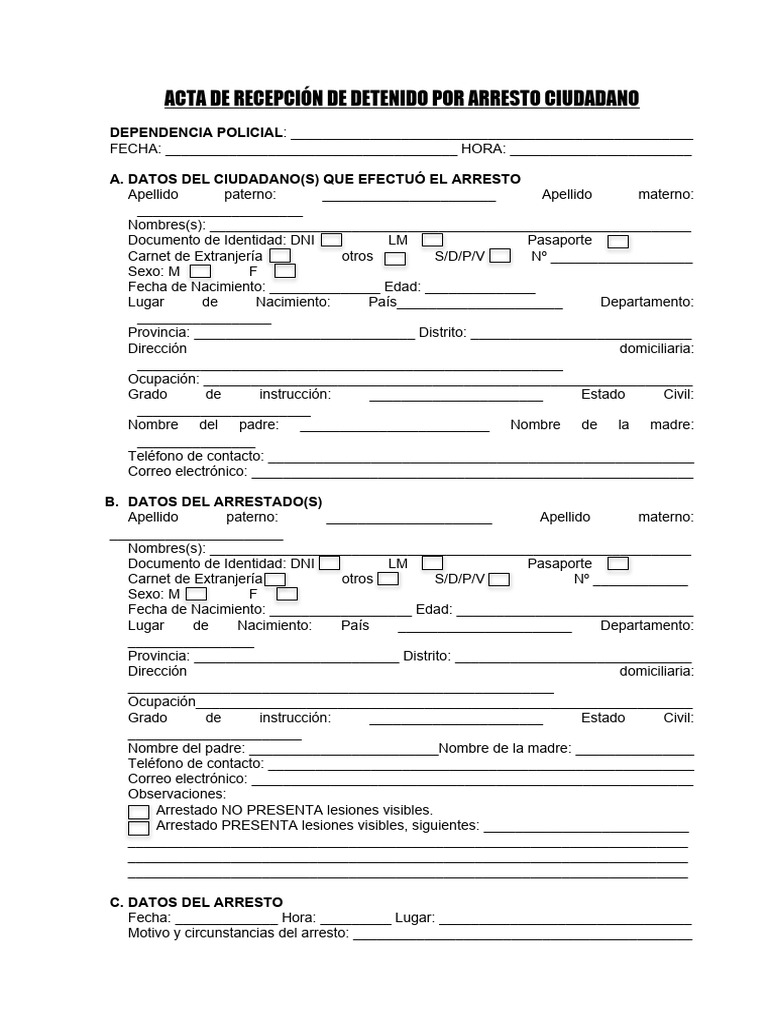 Acta de Recepcion de Detenido Por Arresto Ciudadano Formato Protocolo ...
