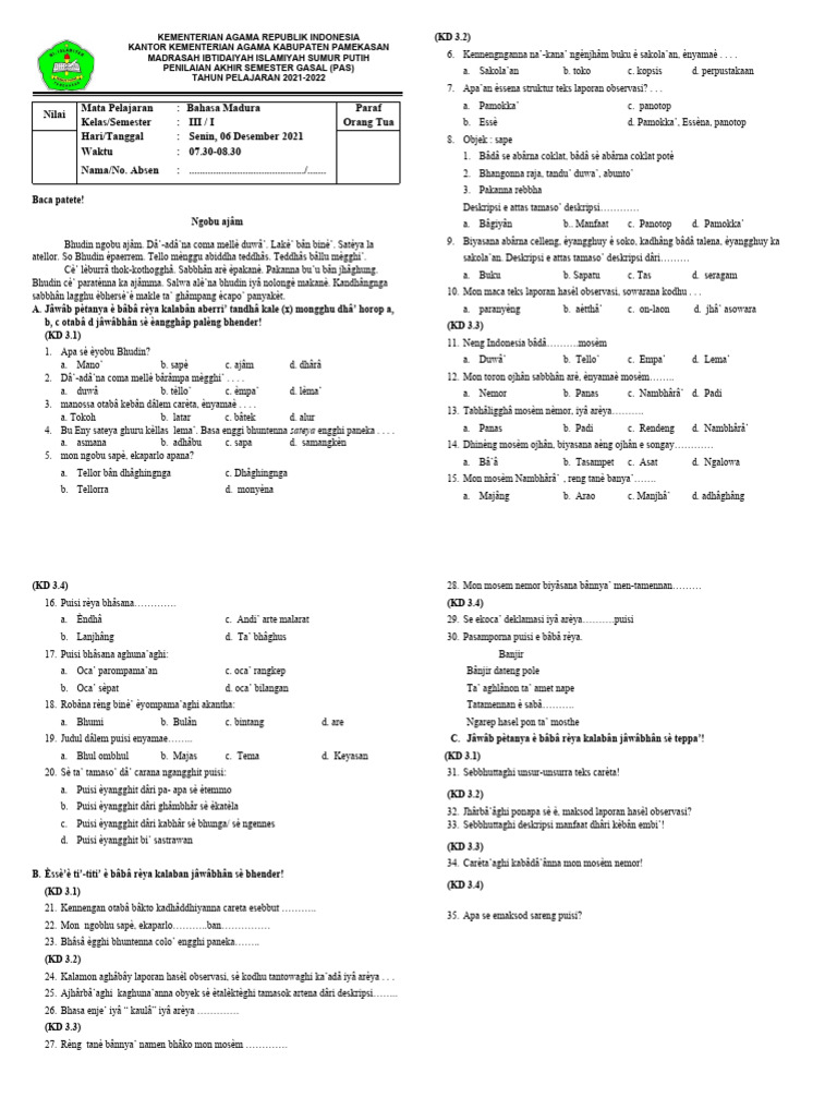 Pas Bhs - Madhura Kls 3 | PDF