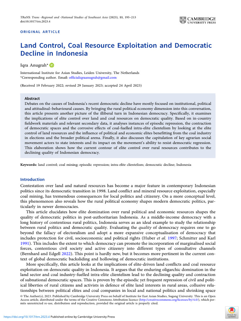 Land Control Coal Resource Exploitation and Democratic Decline in Indonesia | Download Free PDF ...