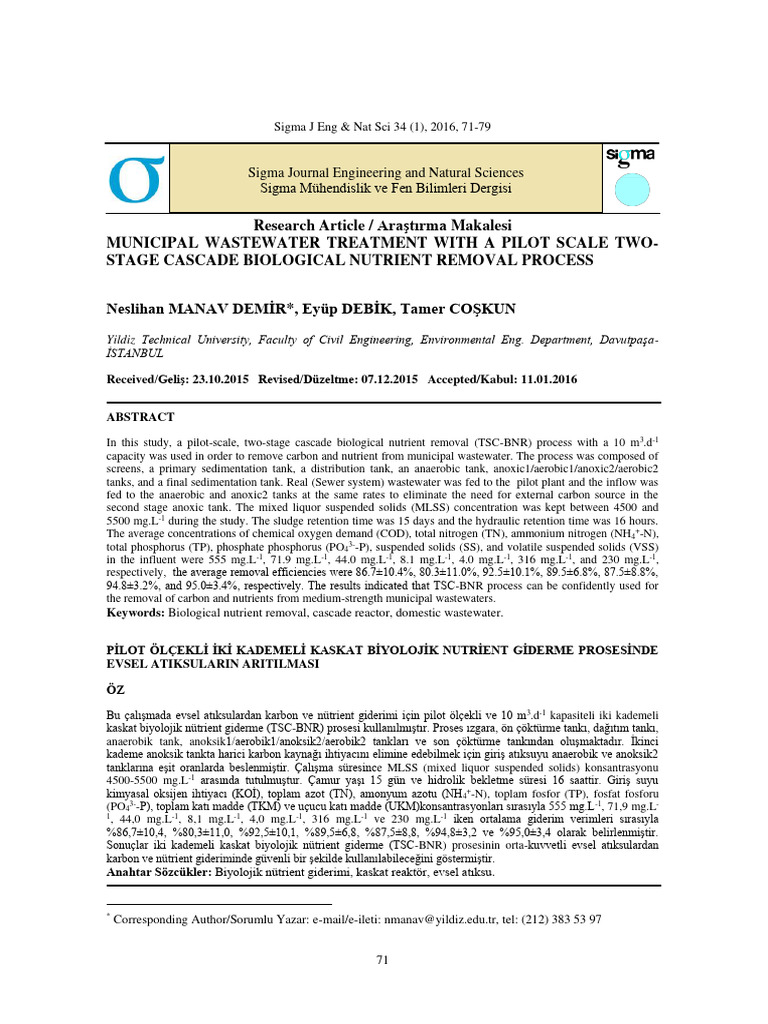 Municipal Wastewater Treatment With A Pilot Scale Twostage Cascade ...