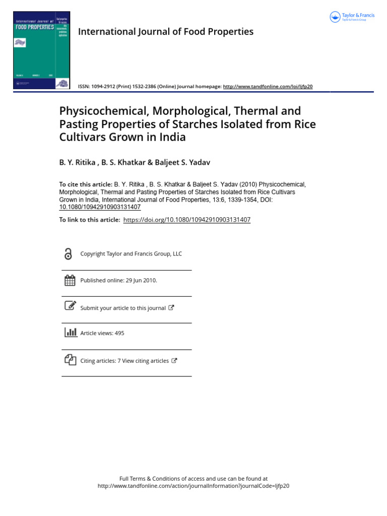 Physicochemical Morphological Thermal and Pasting Properties of Starches Isolated From Rice ...
