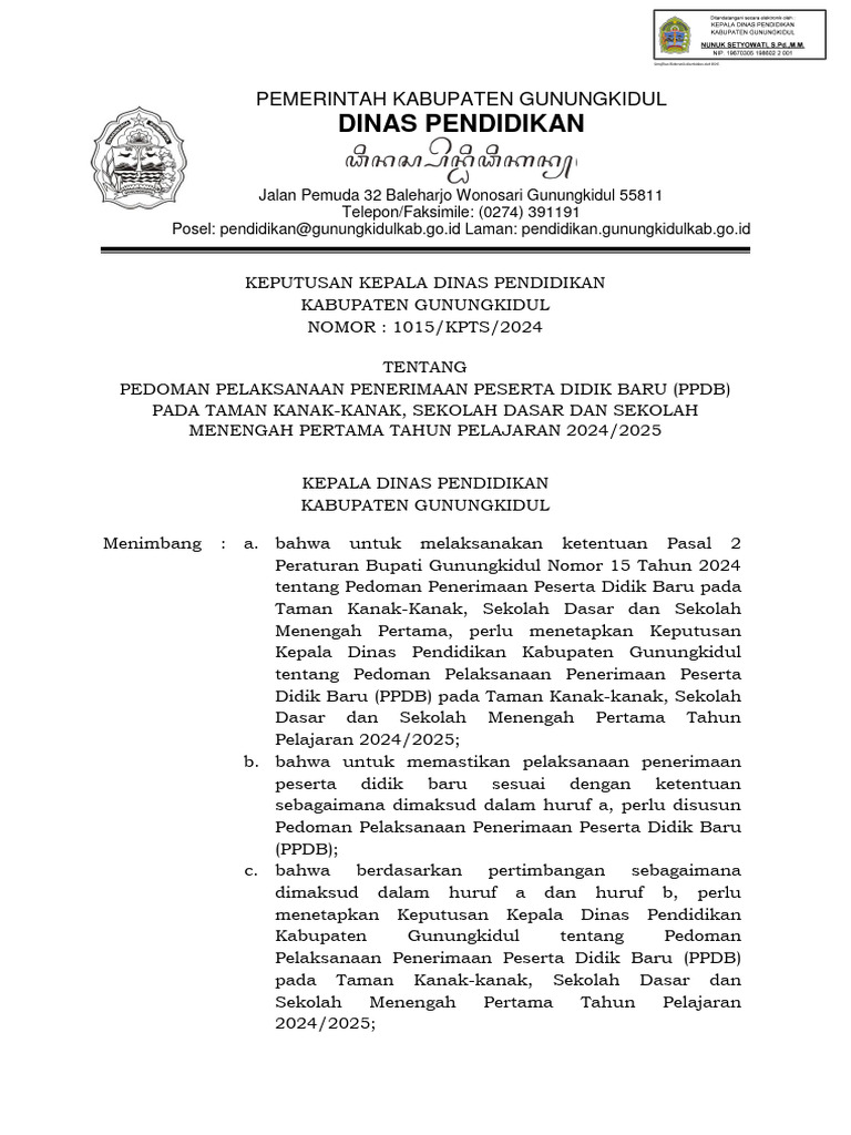 Keputusan Kepala Dinas Tentang Pedoman Pelaksanaan PPDB Jenjang TK, SD ...