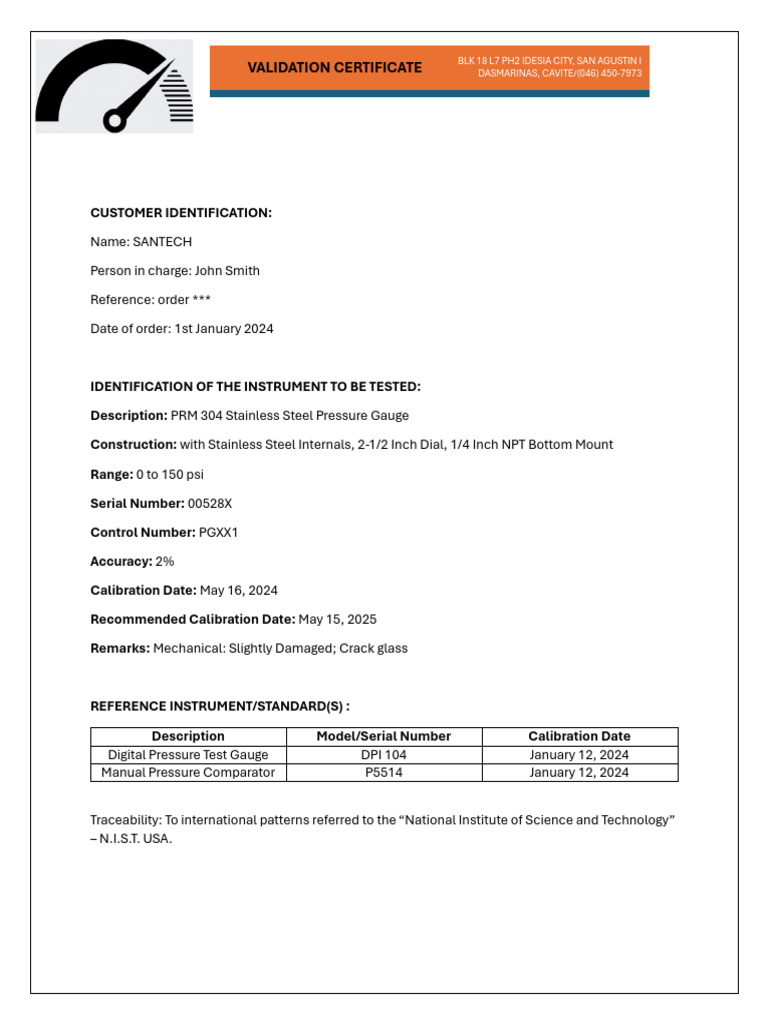 Stainless Steel Pressure Gauge Validation | PDF | Calibration | Metrology
