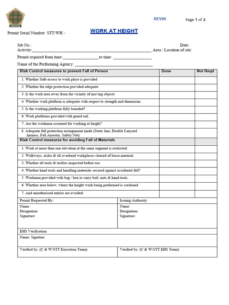 HEIGHT Work Permit - STTGDC | Download Free PDF | Safety