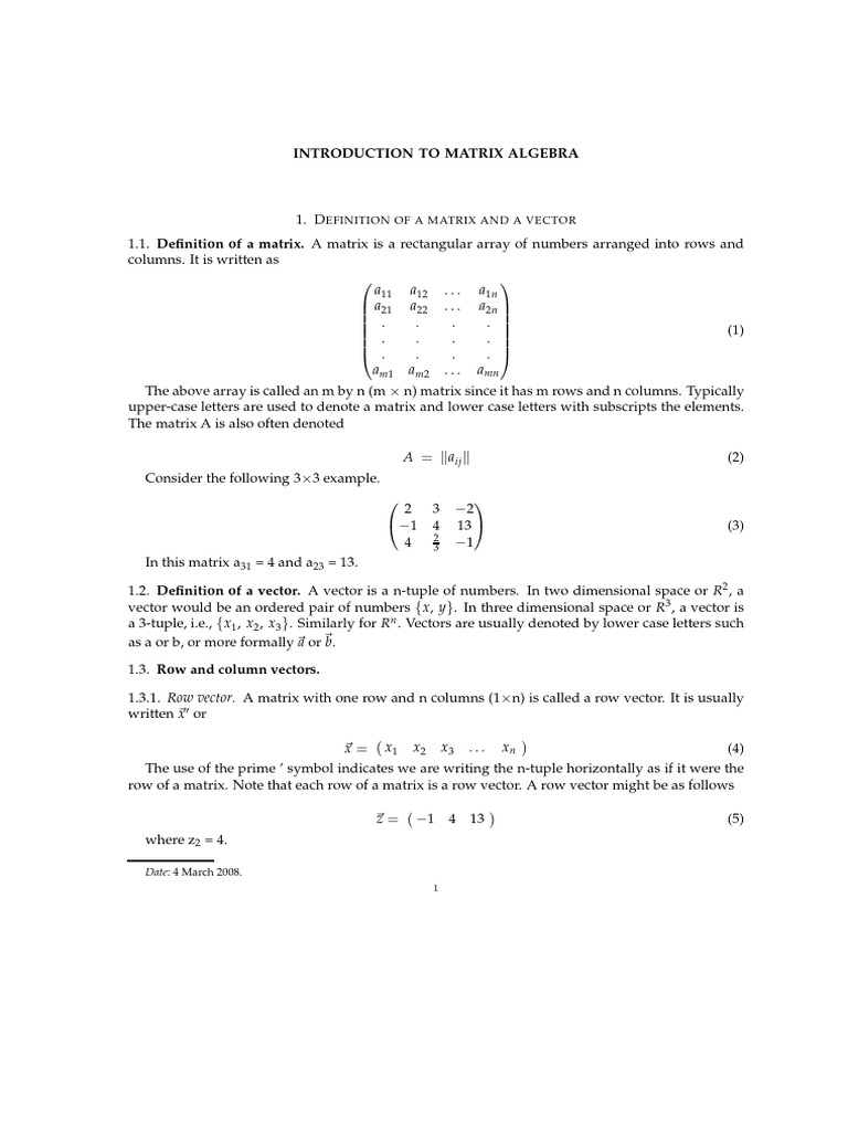 Introduction To Matrix Algebra | PDF | Matrix (Mathematics) | Algebra