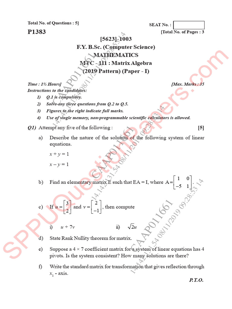 BSC - BSC Cs Mathematics - Semester 1 - 2019 - November - Matrix ... BSC - BSC Cs Mathematics - Semester 1 - 2019 - November - Matrix ...